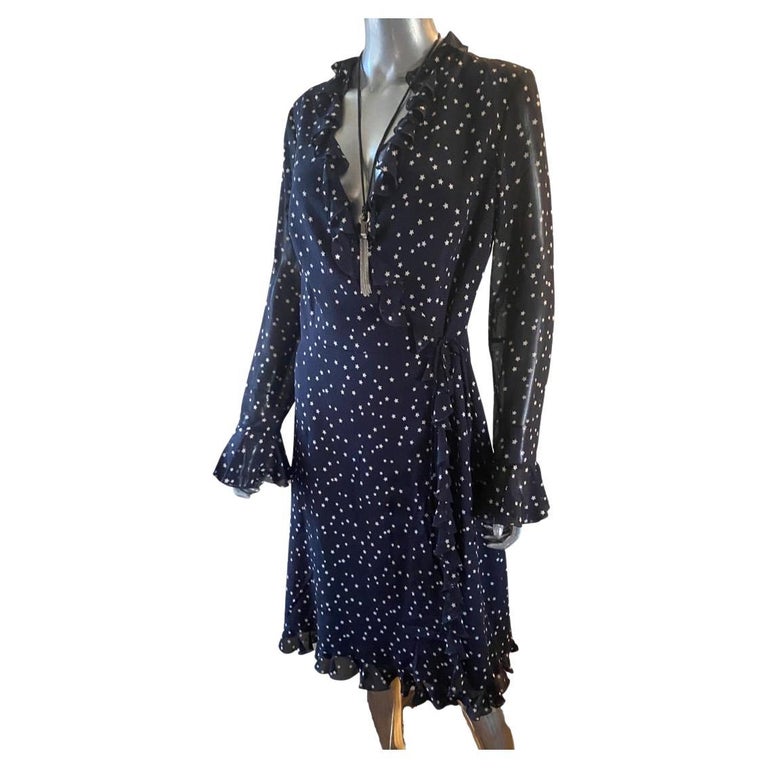 Escada Germany Vintage Black and White Silk Print Wrap Dress Ruffle ...