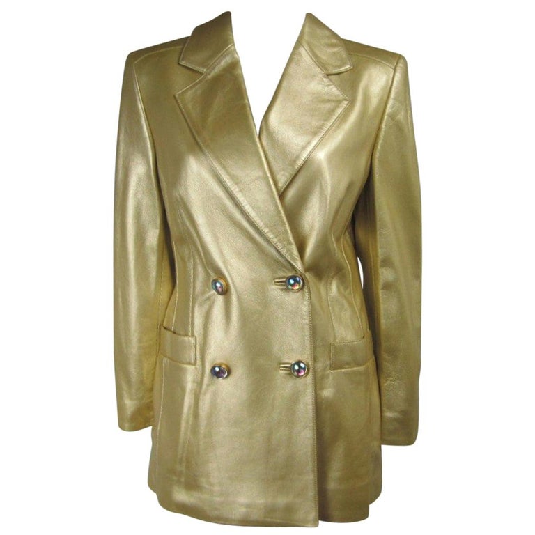 Escada Gold Leather Blazer Jacket Double Breasted Shimmering 1990s UK ...