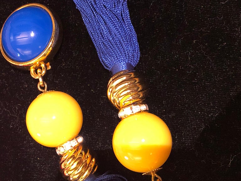 Escada Gold Tone Yellow/Midnight Blue Tassel Drop Clip On Earrings For ...