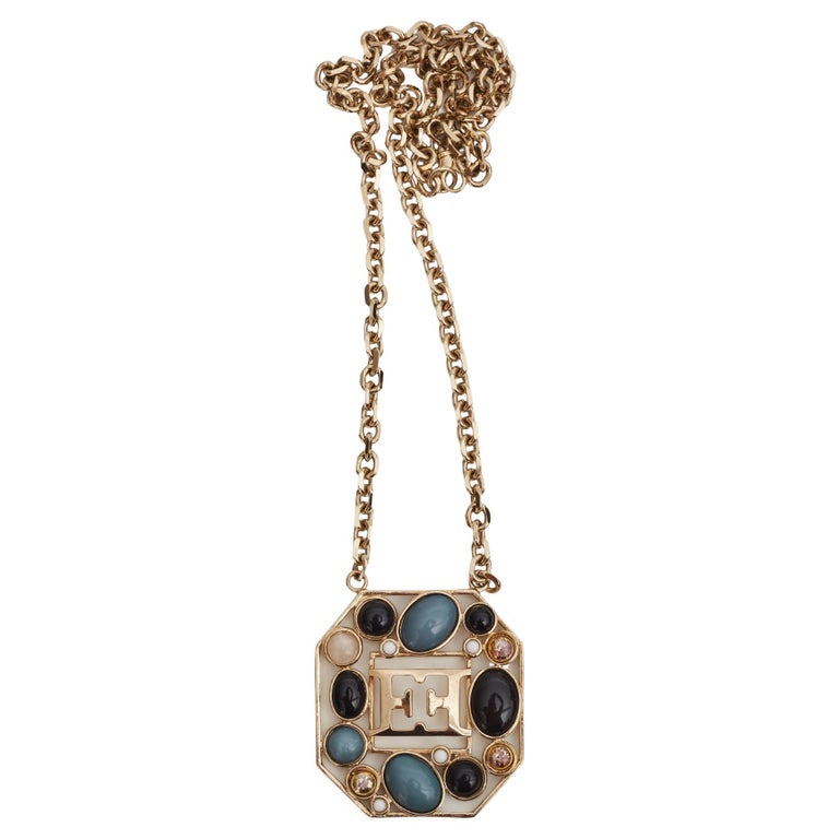 Escada Large Pendant Glass Embellishments Gold Chain Necklace For Sale ...