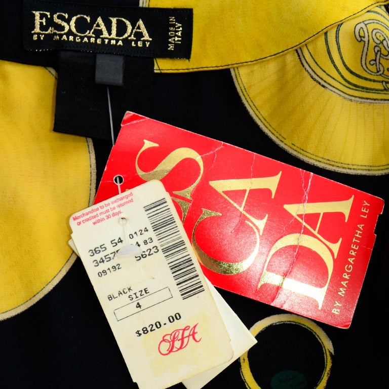 Escada Margaretha Ley Vintage Deadstock Clock Print Silk Blouse w ...