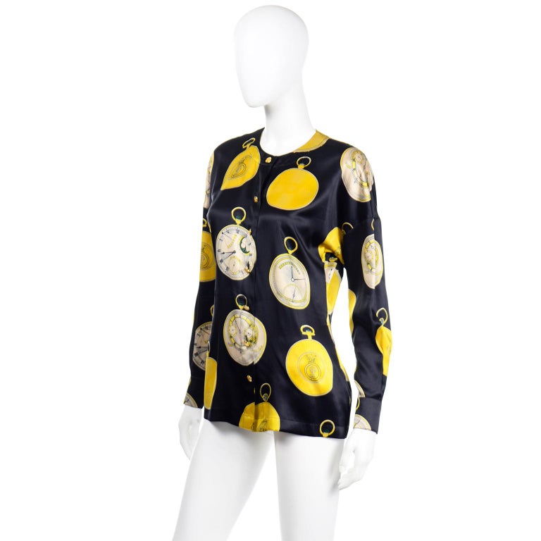 Escada Margaretha Ley Vintage Deadstock Clock Print Silk Blouse w ...
