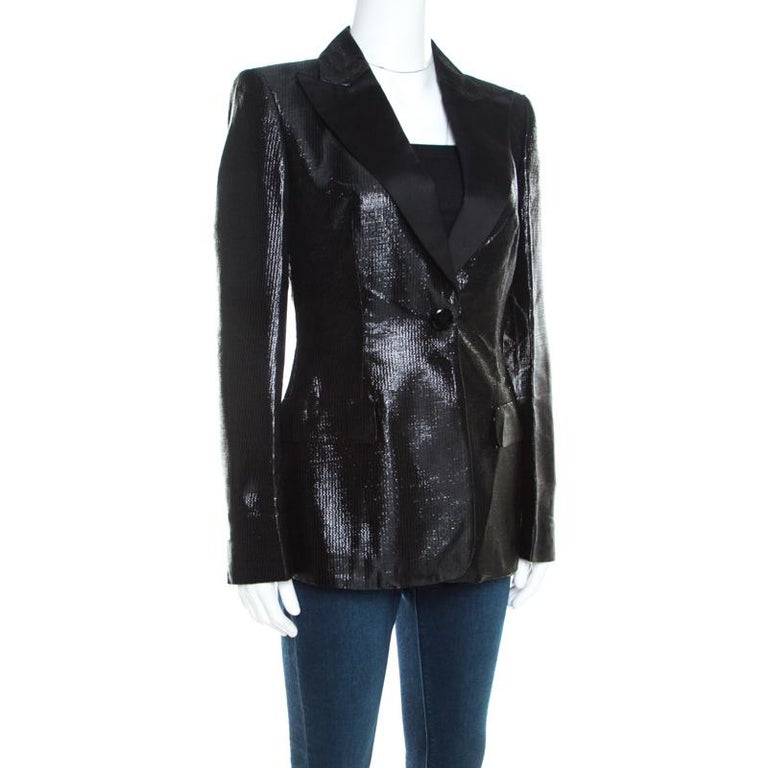 Escada Metallic Black Satin Trim Tailored Blazer M at 1stDibs