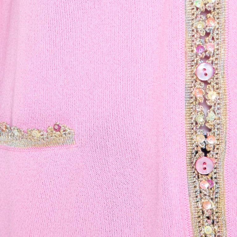Escada Pink Knit Sequined Lace Trim Button Front Cardigan M at 1stDibs