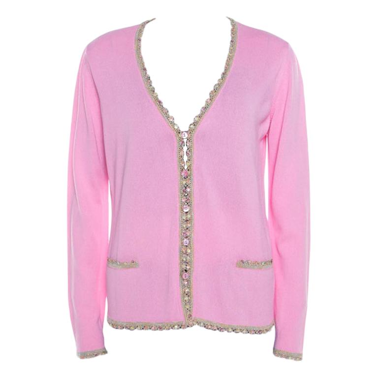 Escada Pink Knit Sequined Lace Trim Button Front Cardigan M at 1stDibs
