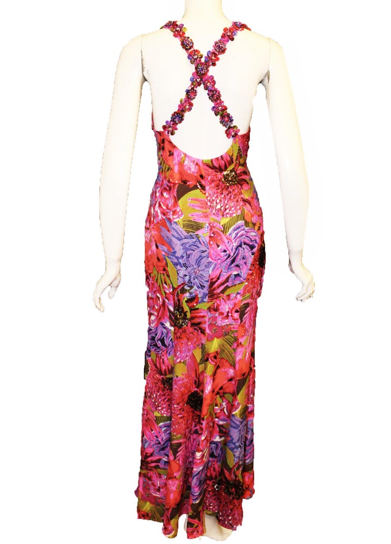 Escada Pink Multi Color Beaded Floral Halter Long Evening Dress at 1stDibs