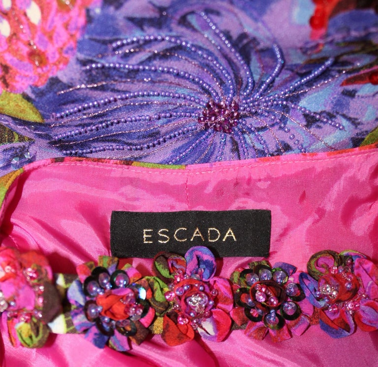 Escada Pink Multi Color Beaded Floral Halter Long Evening Dress at 1stDibs
