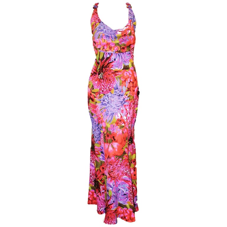 Escada Pink Multi Color Beaded Floral Halter Long Evening Dress at 1stDibs