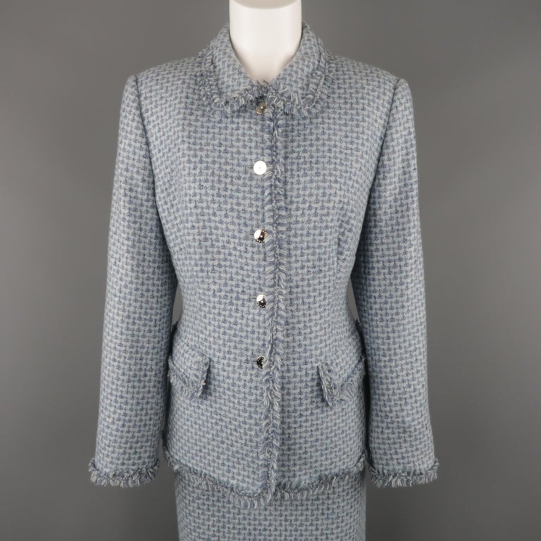 ESCADA Size 12 Light Blue Cashmere Tweed Fringe Trim Skirt Suit at ...