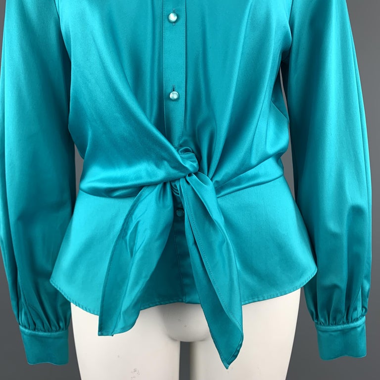 ESCADA Size 12 Turquoise Cotton Sateen Band Collar Tied Blouse at 1stDibs