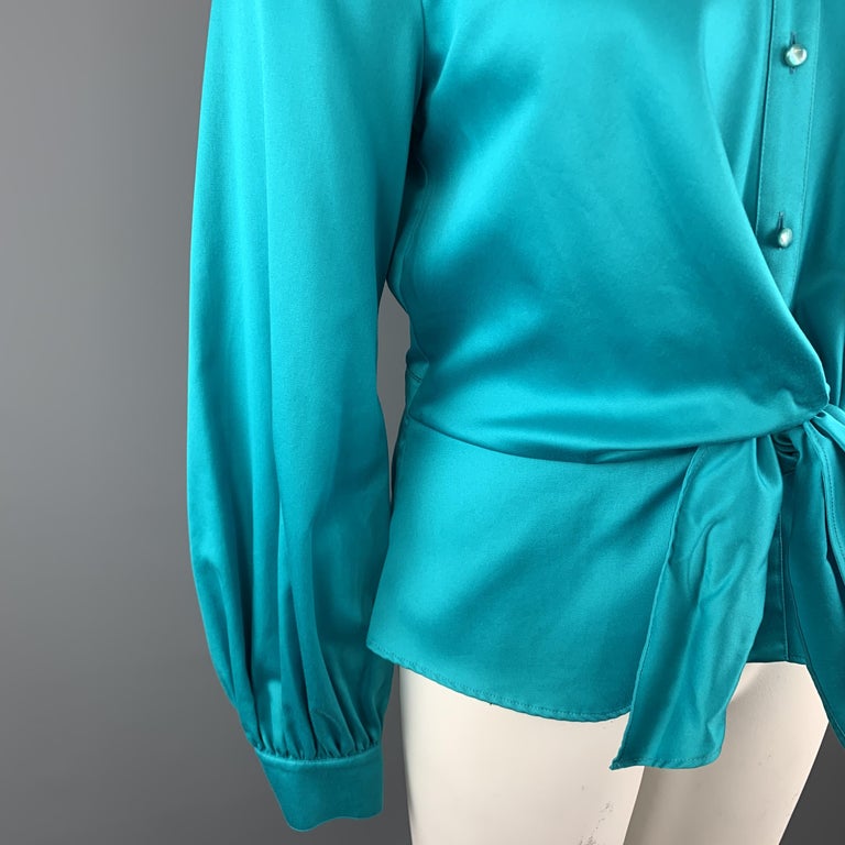 ESCADA Size 12 Turquoise Cotton Sateen Band Collar Tied Blouse at 1stDibs