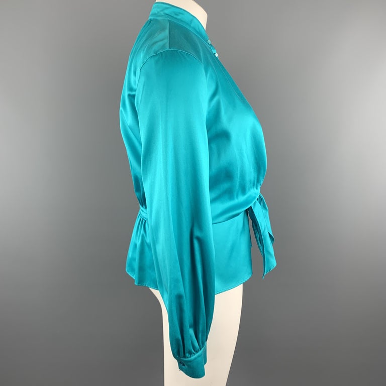 ESCADA Size 12 Turquoise Cotton Sateen Band Collar Tied Blouse at 1stDibs