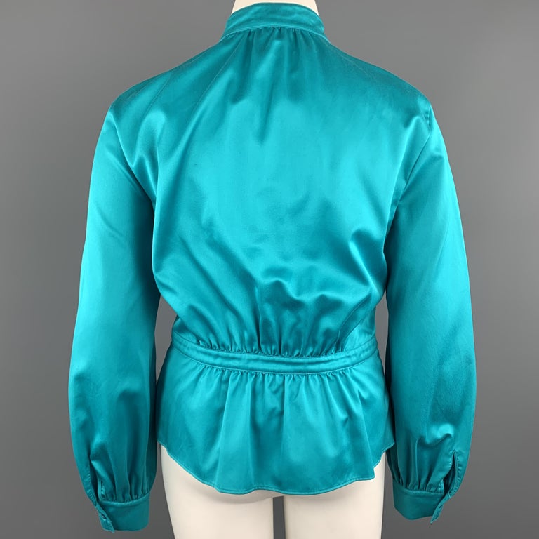 ESCADA Size 12 Turquoise Cotton Sateen Band Collar Tied Blouse at 1stDibs