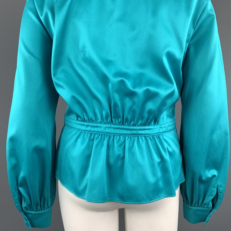 ESCADA Size 12 Turquoise Cotton Sateen Band Collar Tied Blouse at 1stDibs