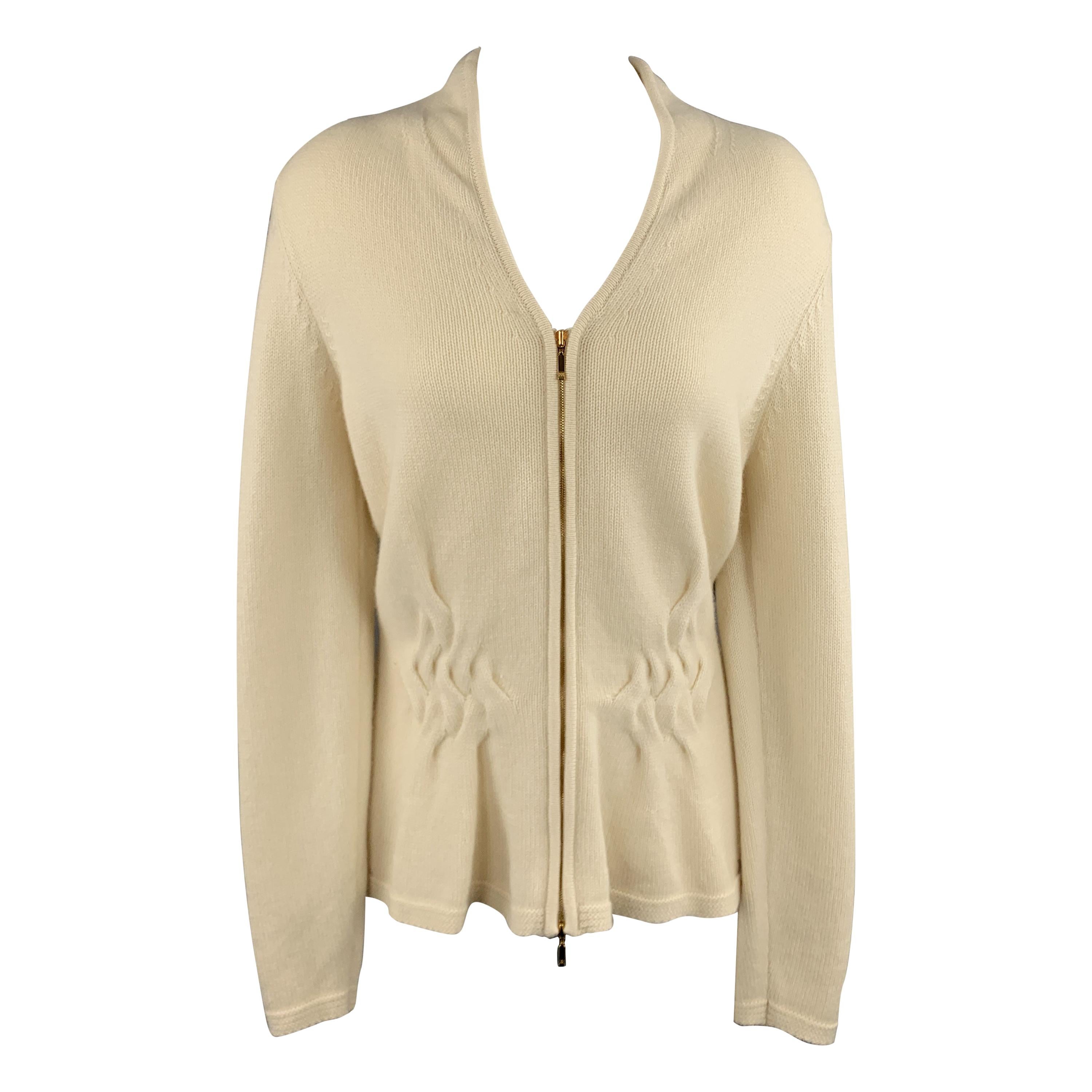 ESCADA Size M Cream Cashmere V Neck Cable Knit Panel Zip Cardigan at ...