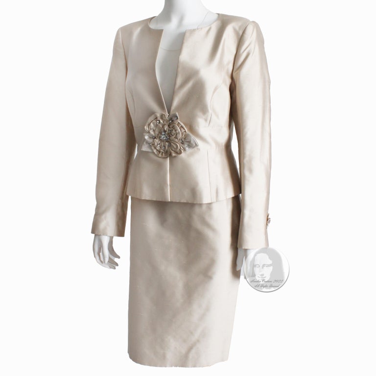 Escada Suit Jacket and Skirt 2pc Dupioni Silk with Floral Rhinestone ...
