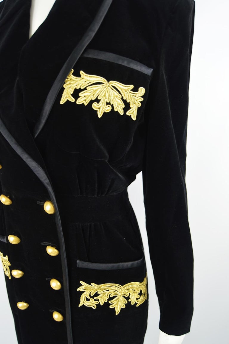 Escada Vintage 1980s Black Velvet Gold Lamé Embroidered Evening Dress ...