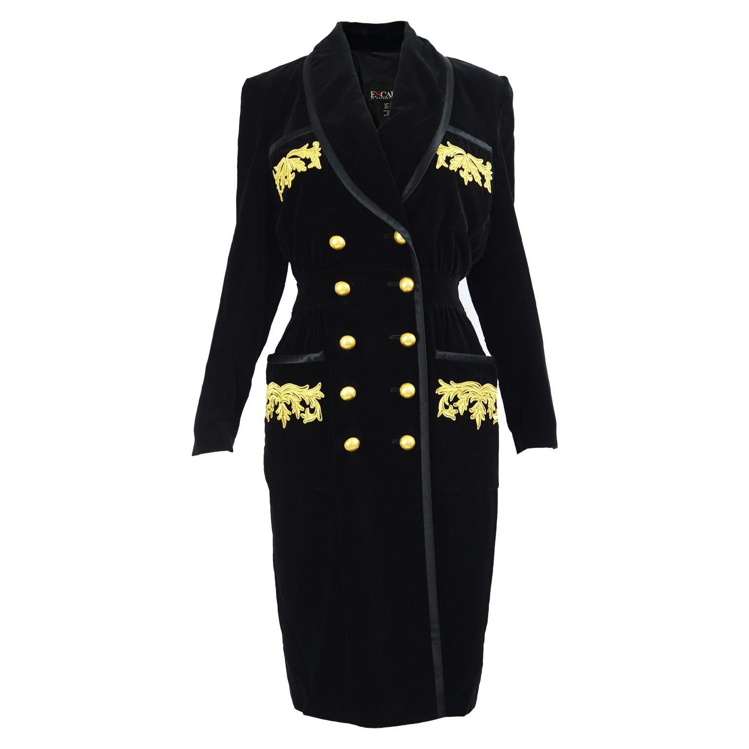 Escada Vintage 1980s Black Velvet Gold Lamé Embroidered Evening Dress ...