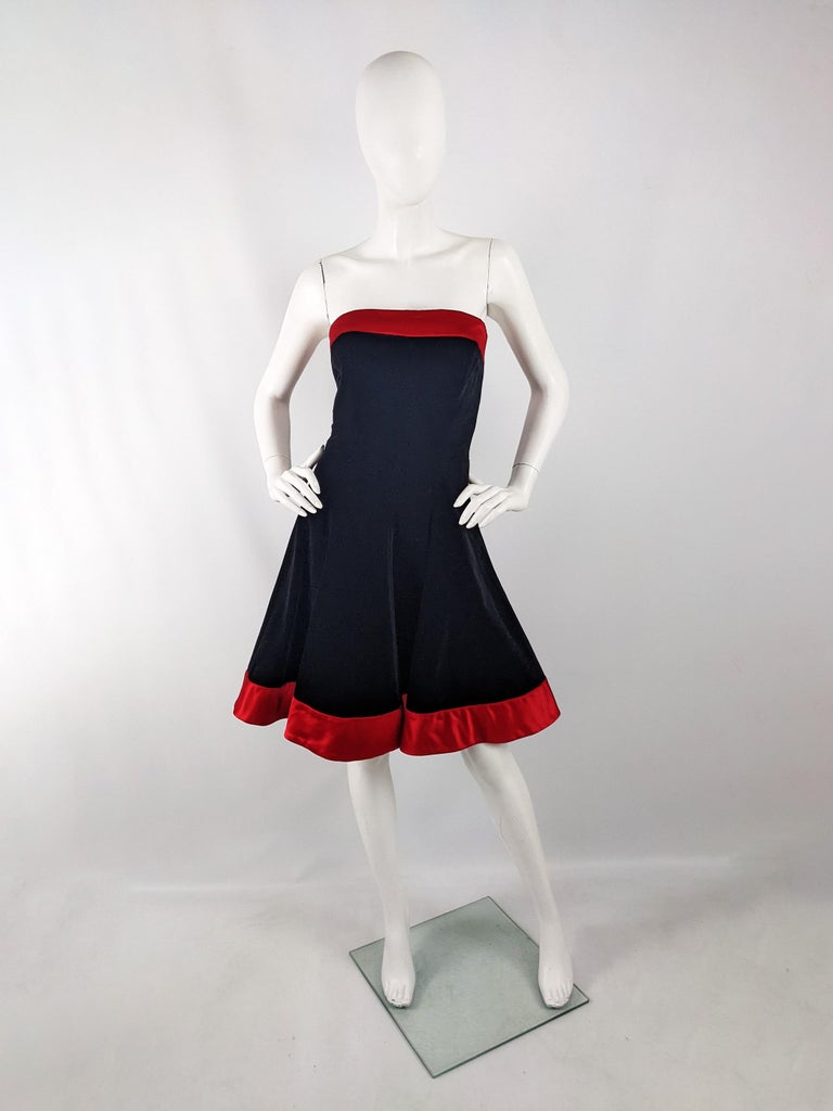 Escada Vintage Black Velvet 80s and Red Trim Party Evening Dress, 1980s ...