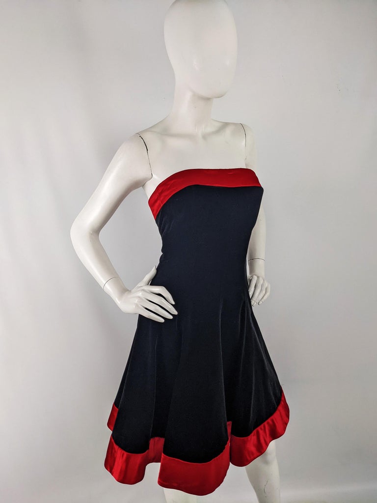 Escada Vintage Black Velvet 80s and Red Trim Party Evening Dress, 1980s ...
