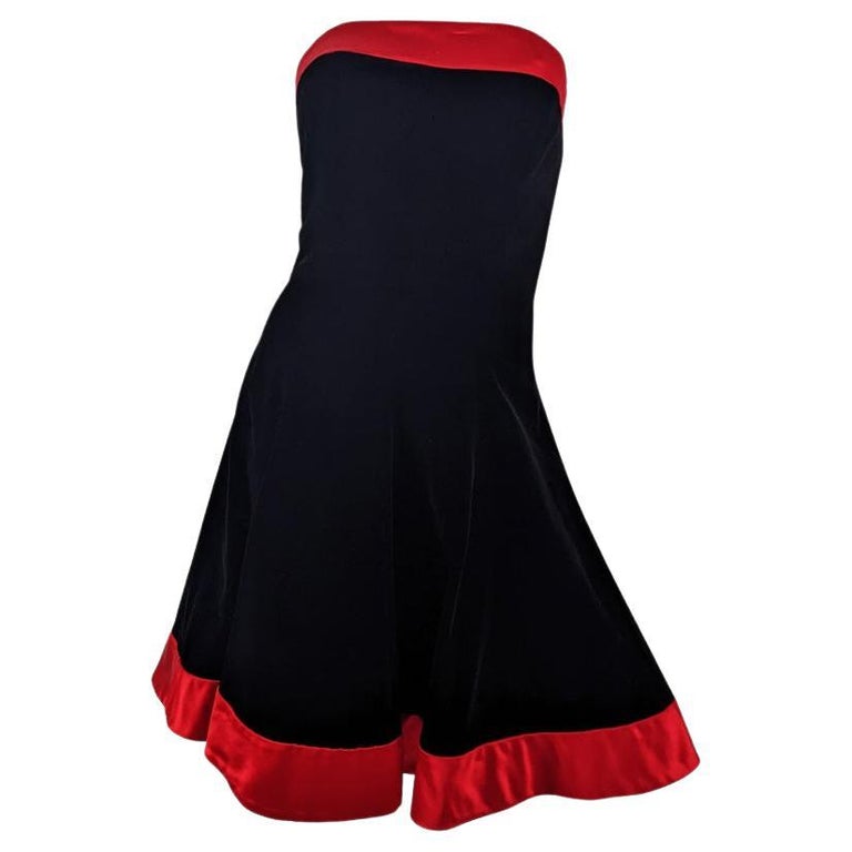 Escada Vintage Black Velvet 80s and Red Trim Party Evening Dress, 1980s ...