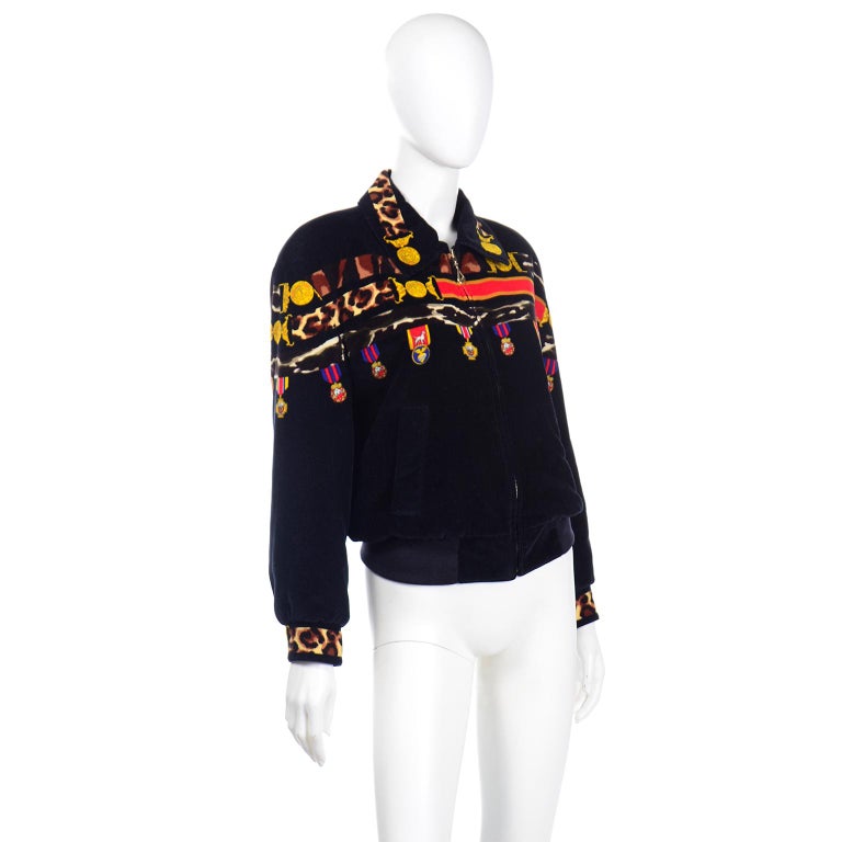 Escada Vintage Black Velvet Zip Front Jacket With Colorful Medals Print ...