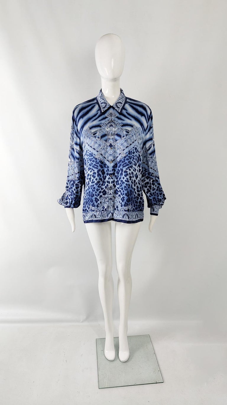 Escada Vintage Blue Pure Silk Womens Cheetah Animal and Baroque Print ...
