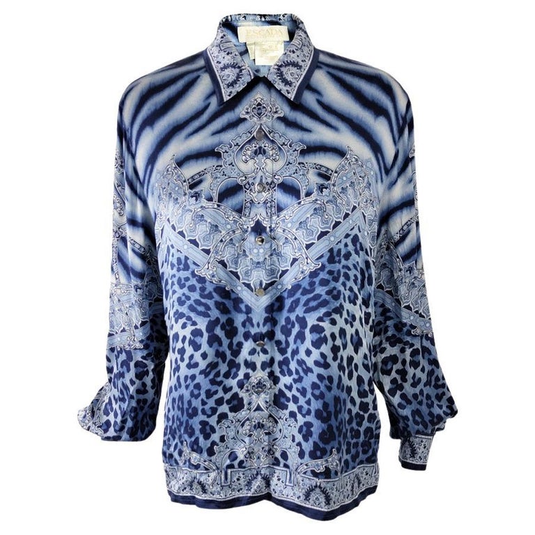 Escada Vintage Blue Pure Silk Womens Cheetah Animal and Baroque Print ...