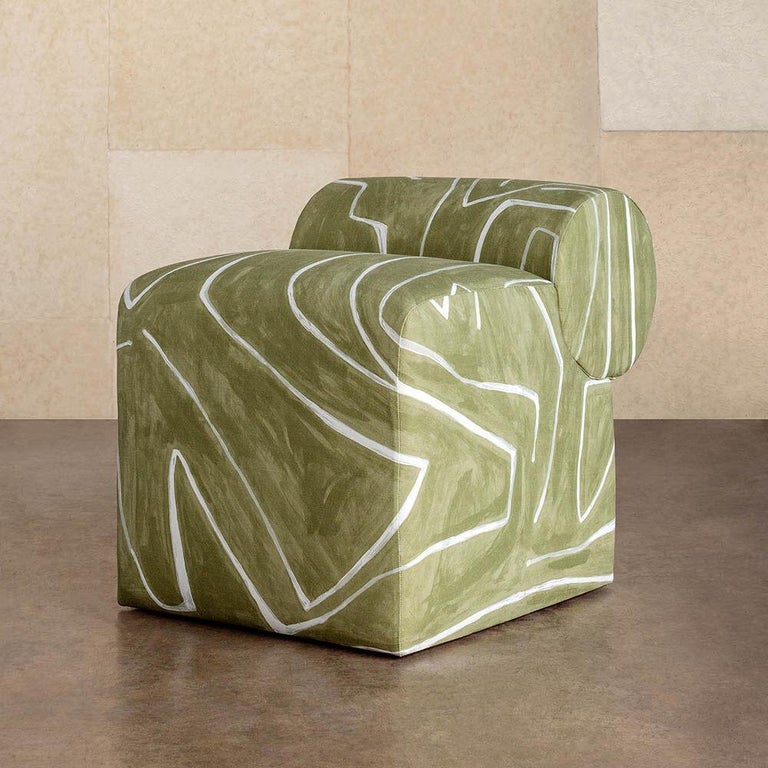 Kelly Wearstler Esfera Ottoman in Fern Green Graffito Fabric For Sale ...