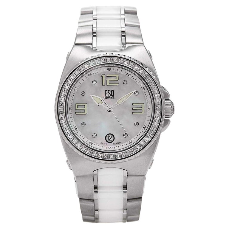 ESQ Movado Bali Steel White Ceramic MOP Dial Ladies Watch ES.05.3.14 ...