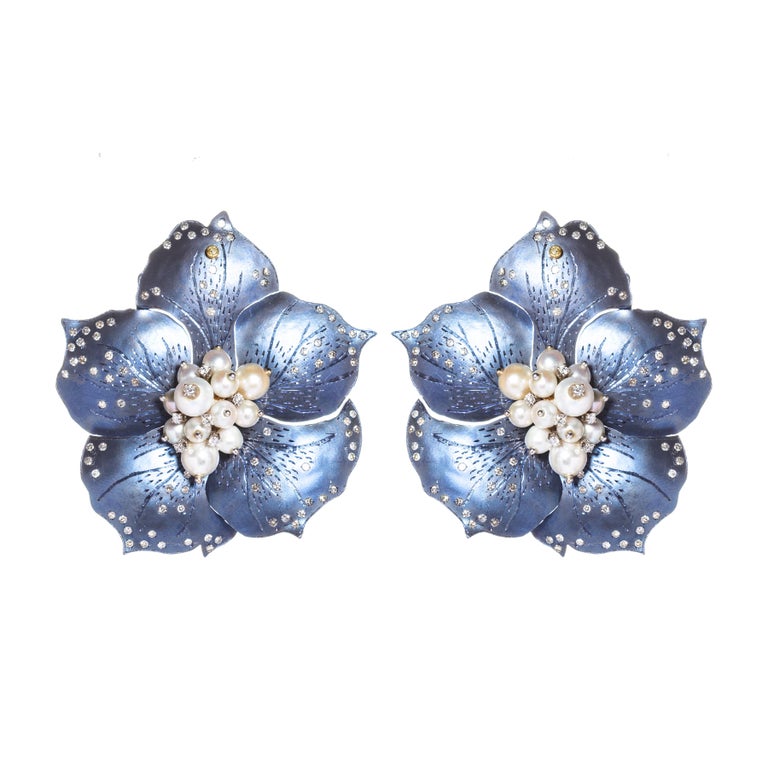 Blue Titanium Flower Earrings with Diamonds and Pearls For Sale at 1stDibs