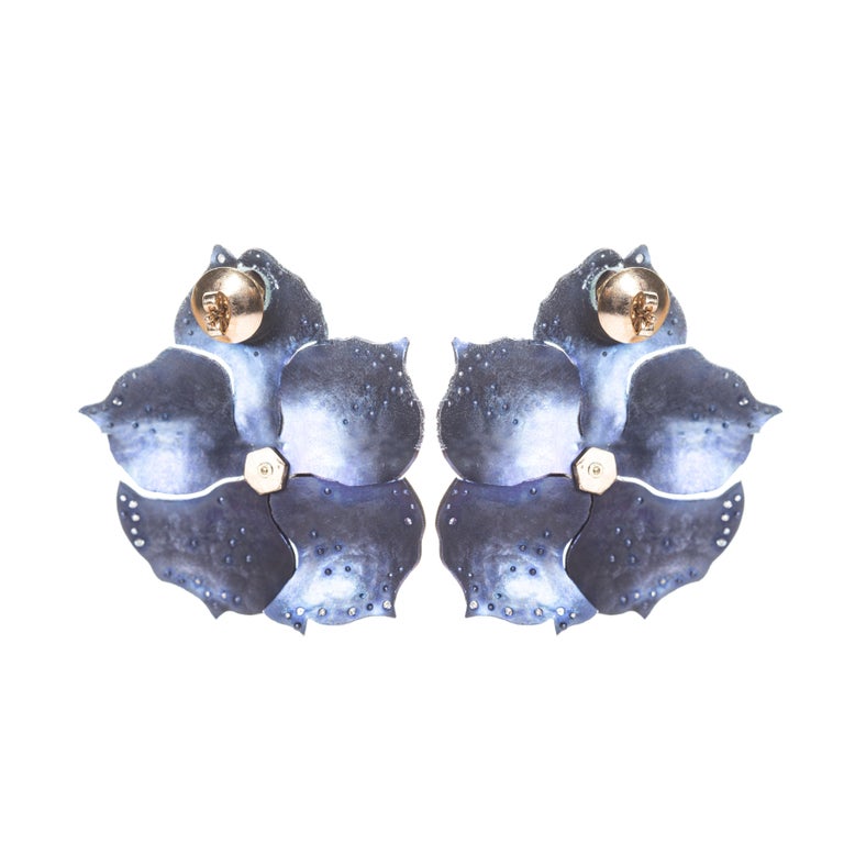 Blue Titanium Flower Earrings with Diamonds and Pearls For Sale at 1stDibs