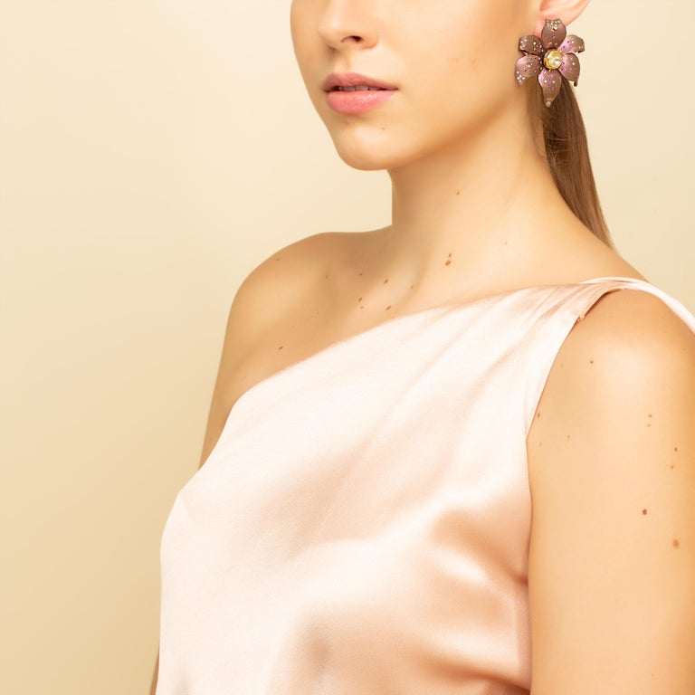 Rose-Tinted Titanium Flower Earrings with Removable Uncut Diamonds For ...