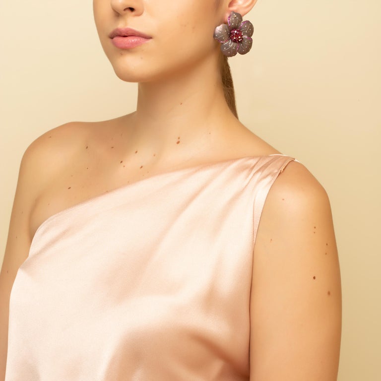 Rose-Tinted Titanium Flower Earrings with Rubies and Diamonds For Sale ...