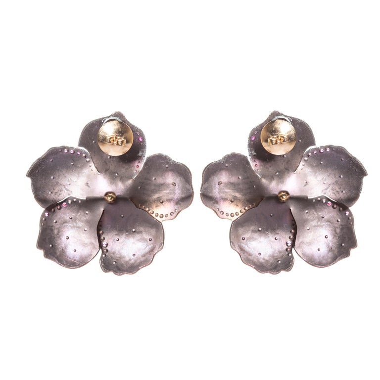Rose-Tinted Titanium Flower Earrings with Rubies and Diamonds For Sale ...