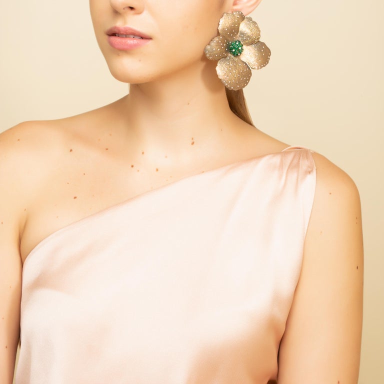 Yellow Titanium Hibiscus Flower Earrings with Diamonds and Emeralds For ...