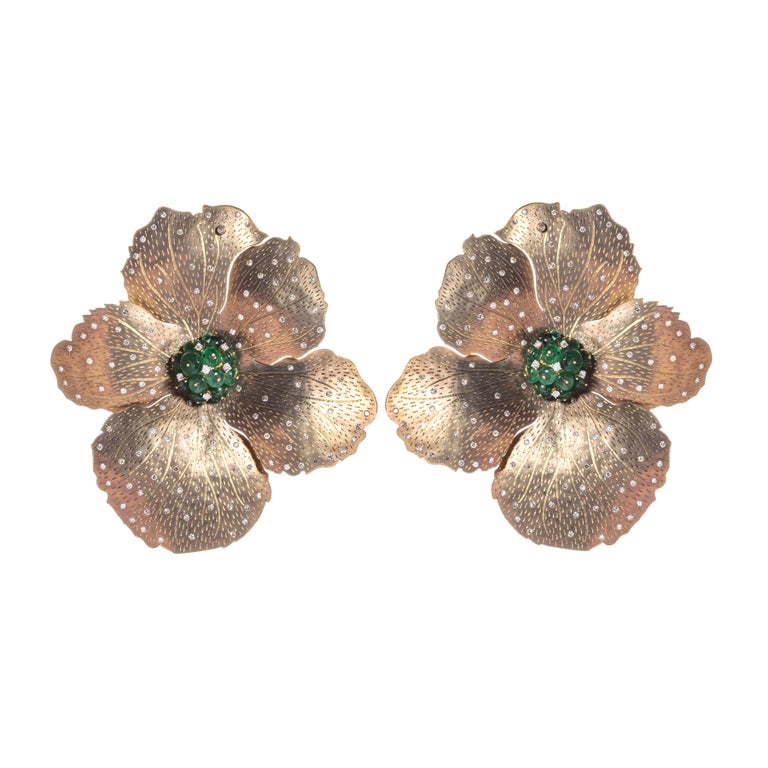 Yellow Titanium Hibiscus Flower Earrings with Diamonds and Emeralds For ...