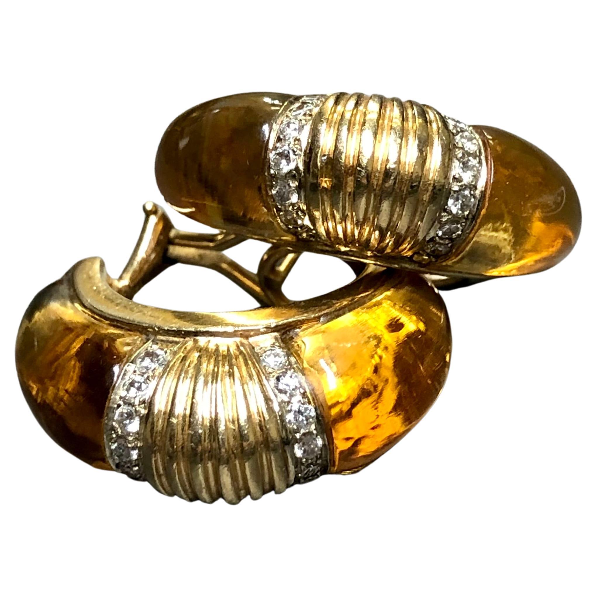 Estate 14K MAZ Buff Top Citrine Diamond Scalloped Huggie Omega Back ...