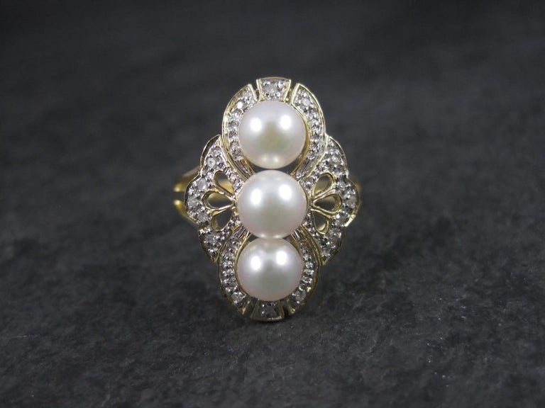 Estate 14k Pearl and Diamond Cocktail Ring For Sale at 1stDibs