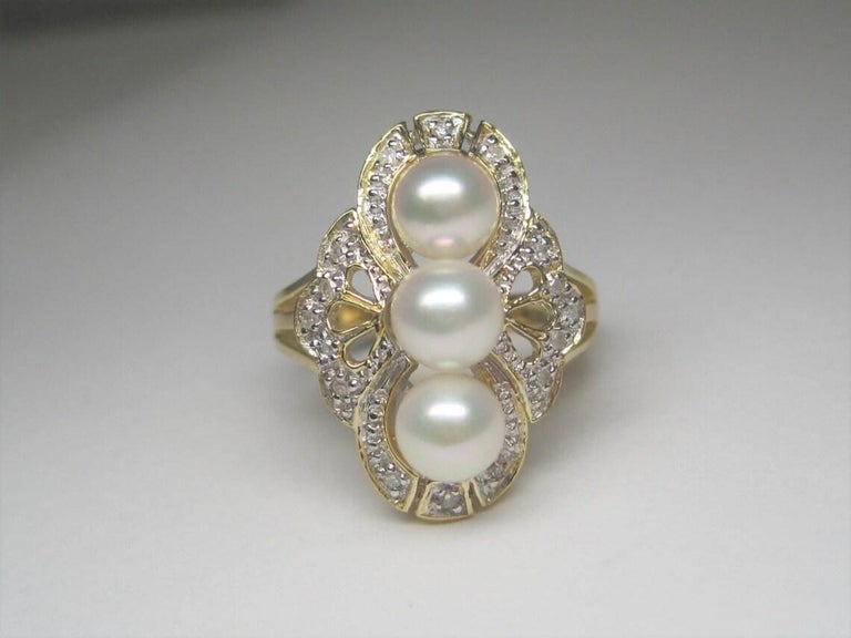 Estate 14k Pearl and Diamond Cocktail Ring For Sale at 1stDibs