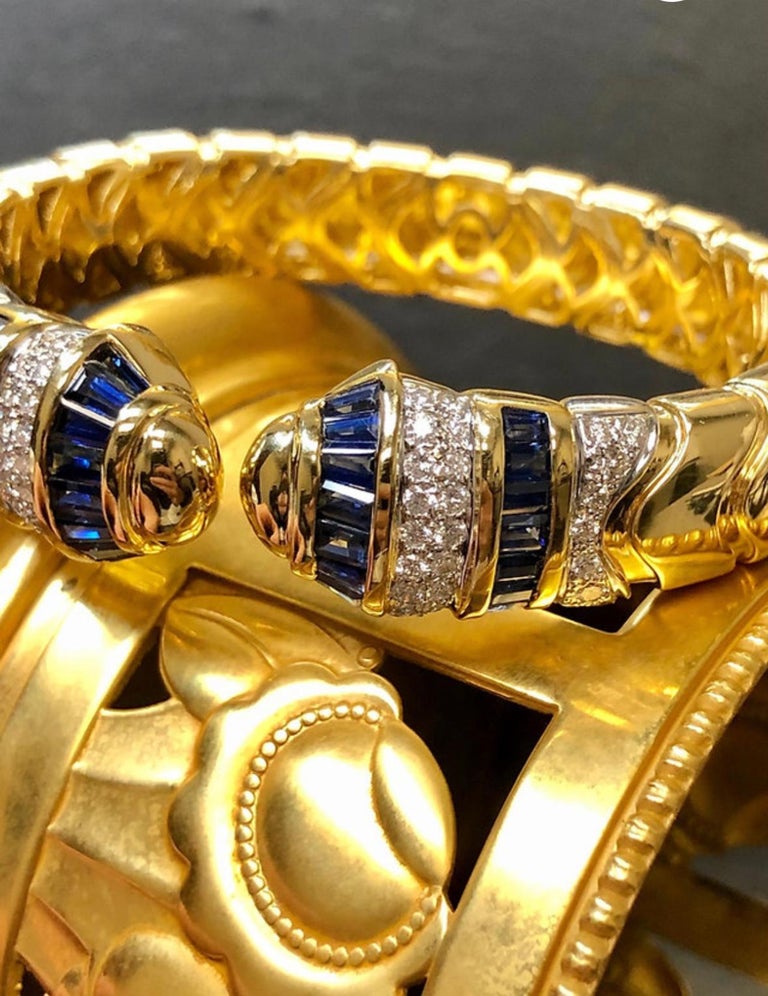 Estate 18k Baguette Diamond Sapphire Cuff Bracelet For Sale at 1stDibs