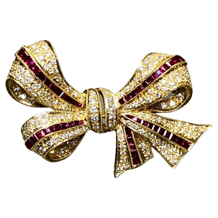 Estate 18K Baguette Ruby Diamond Bow Brooch Pin 3.30cttw Numbered For ...
