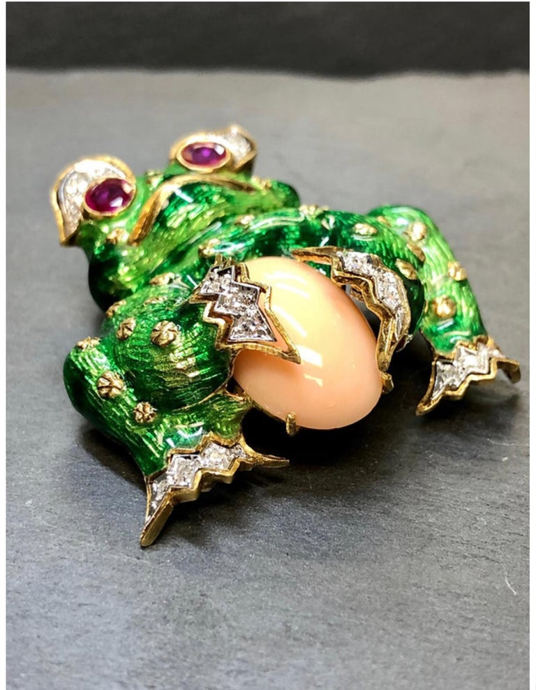 Estate 18k Enamel Coral Ruby Diamond Frog Pendant For Sale at 1stDibs