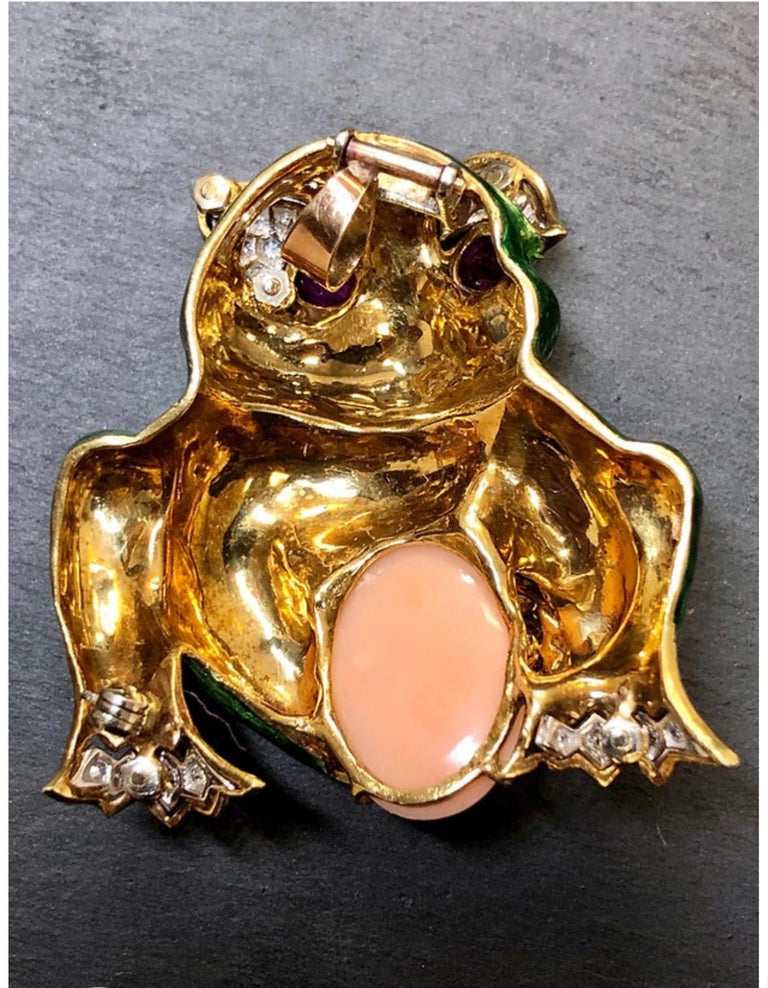Estate 18k Enamel Coral Ruby Diamond Frog Pendant For Sale at 1stDibs