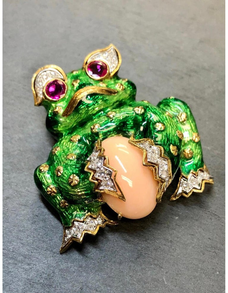 Estate 18k Enamel Coral Ruby Diamond Frog Pendant For Sale at 1stDibs