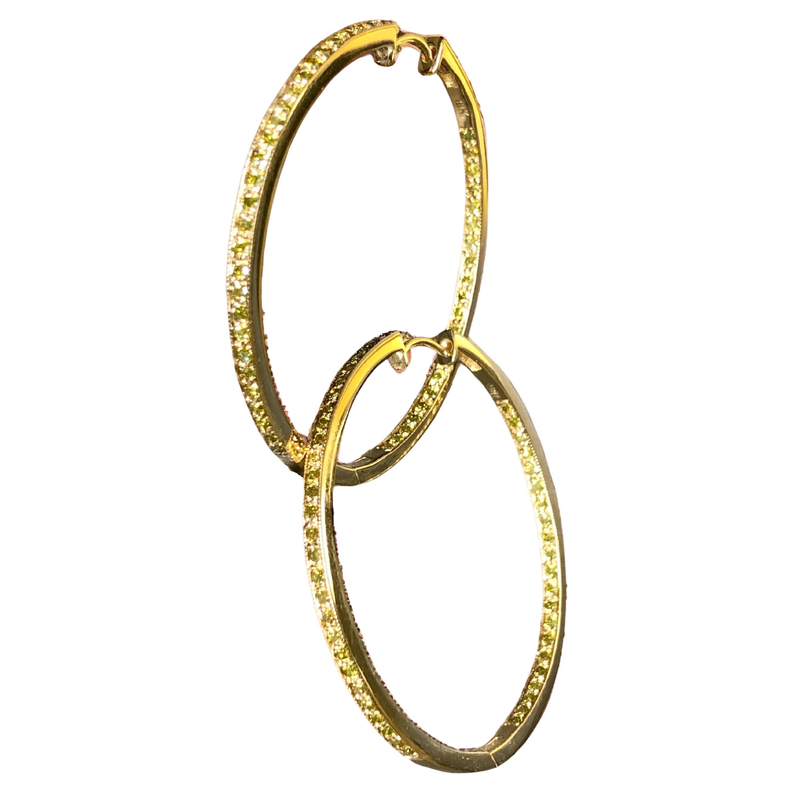 Estate 18K Fancy Yellow Diamond Inside Outside Hoop Earrings 2” 3cttw ...