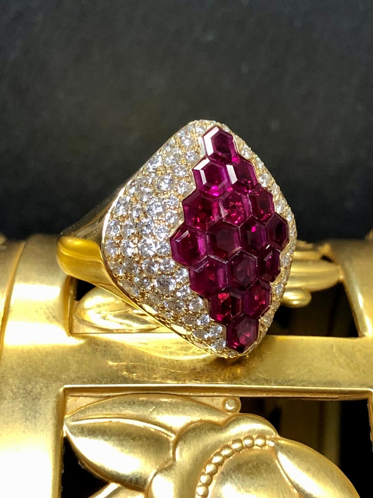 Estate 18k Invisble Set Hexagonal Burmese Ruby Diamond Cocktail Ring ...