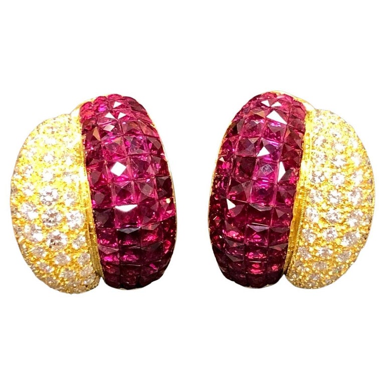 Estate 18k Invisible Set Ruby Pave Diamond Omega Back Huggie Earrings ...