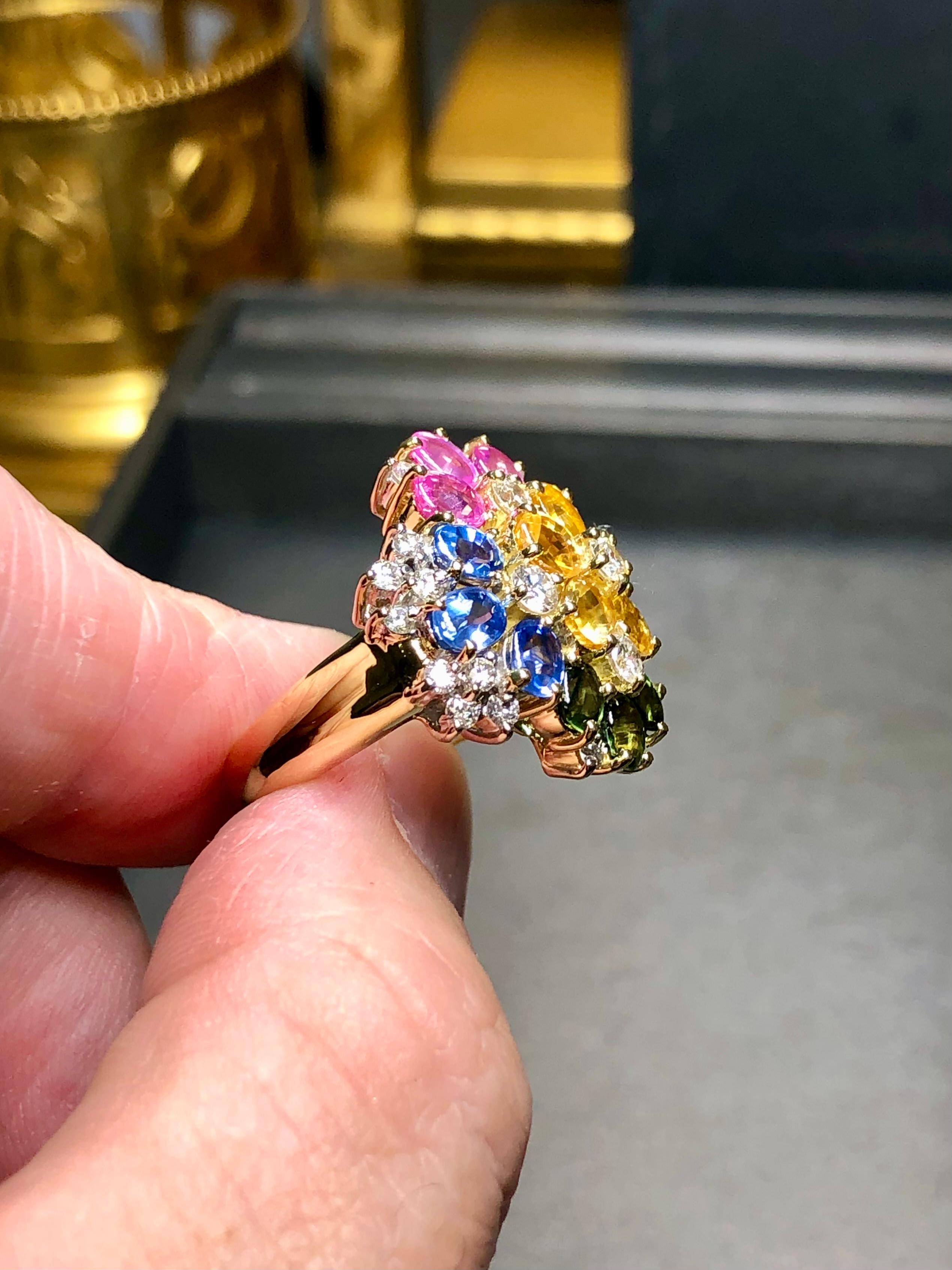 Estate 18K Multicolored Buff Top Sapphire Diamond Floral Cocktail Ring ...