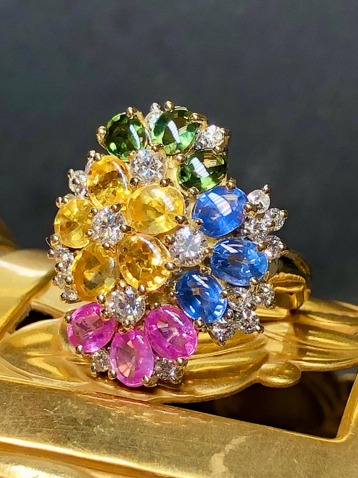 Estate 18K Multicolored Buff Top Sapphire Diamond Floral Cocktail Ring ...